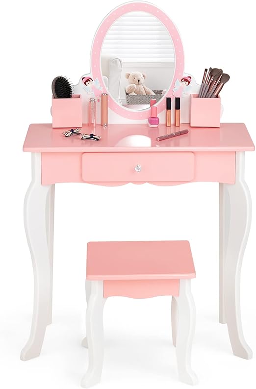COSTWAY Kids Dressing Table and Stool Set, Girls Vanity Table with ...