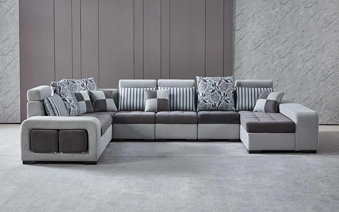 Torque - Allister 12 Seater U Shape Sectional Fabric Sofa Set with 4 ...