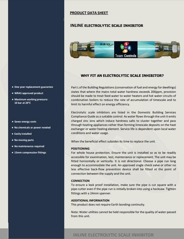 Team Controls Electrolytic Inline Scale Reducer Inhibitor 15mm ...