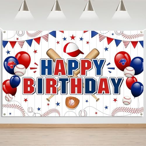 Amazon.com : Mocsicka Baseball Birthday Backdrop Boys Blue and Red ...