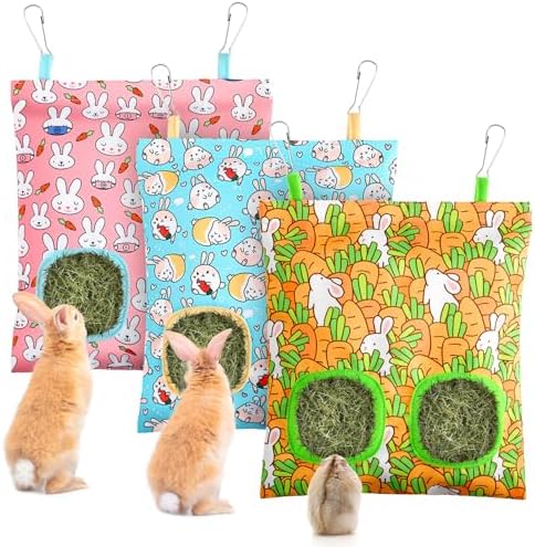 UPINS 3 Hay Bag for Rabbits 2-Hole Hanging Hay Feeder Guinea Pig Hay ...