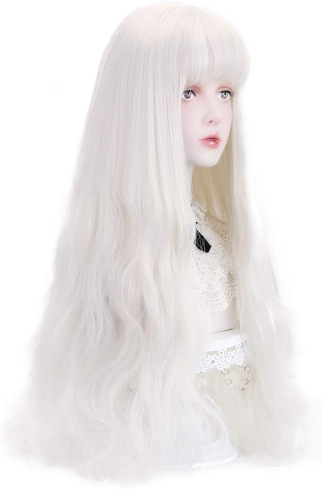 Amazon.com: Anogol Hair Cap+ 26 Inch White Wig With Bangs Long White ...