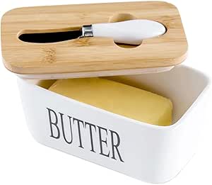 Amazon.com | Hasense Porcelain Butter Dish with Bamboo Lid - Covered Butter Dish with Butter ...