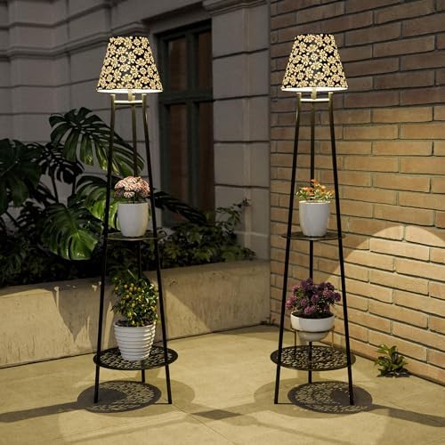 Solar Floor Lights Outdoor with 2 Plant Stands, 2 Pack Solar Lights ...