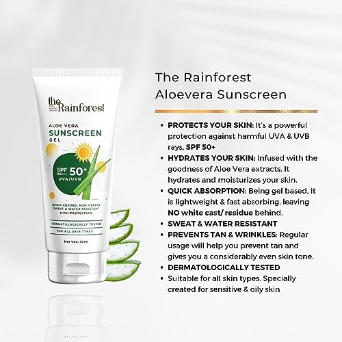The Rainforest Aloe Vera Sunscreen Gel, SPF 50+, PA+++, Sweat & Water ...
