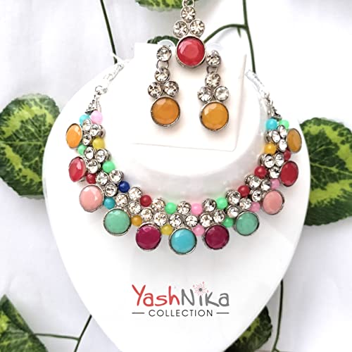 Buy YashNika - Round Pearl Stone with Silver Jarkan Necklace Set with ...