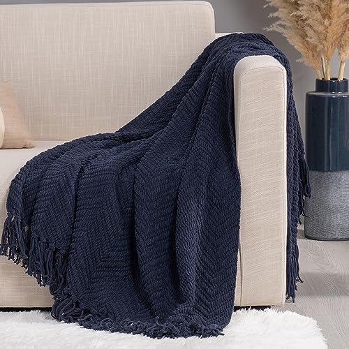 Amazon.com: PAVILIA Navy Blue Knit Throw Blanket for Couch Bed, Soft ...