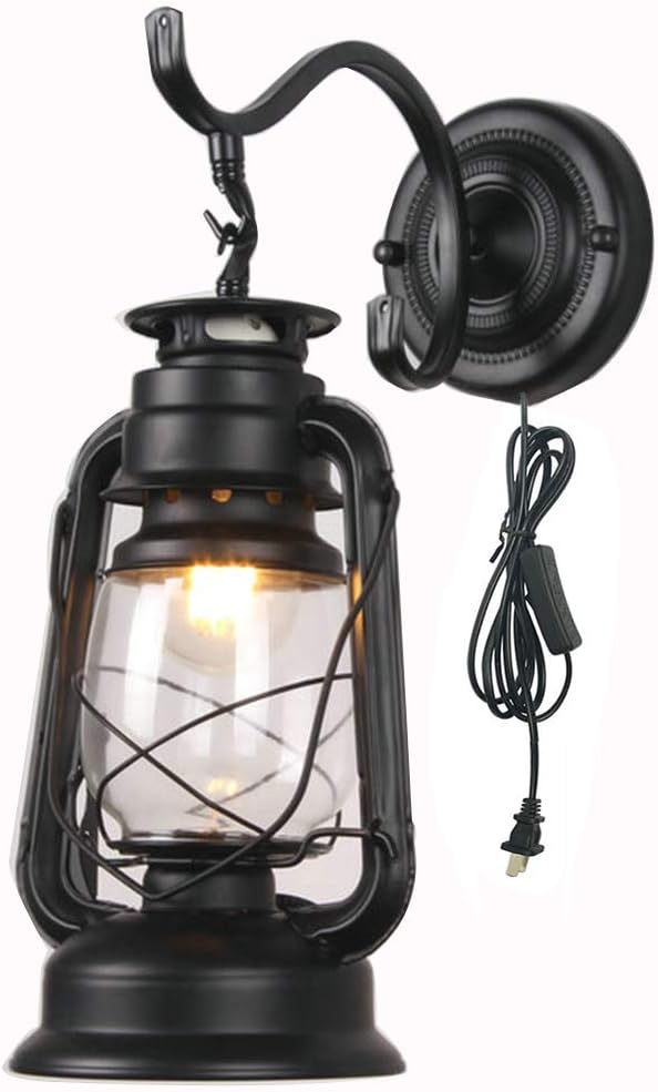 pulnfiy Kerosene Wall Sconce Plug in Lantern Wall Lamp E27 Metal Glass ...