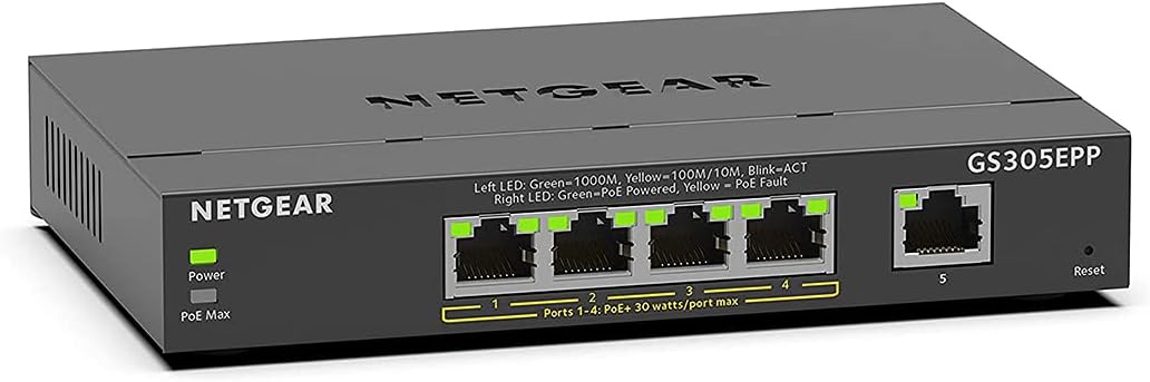 NETGEAR 5 Port Gigabit Ethernet Smart Managed Plus PoE Switch (GS305EPP ...