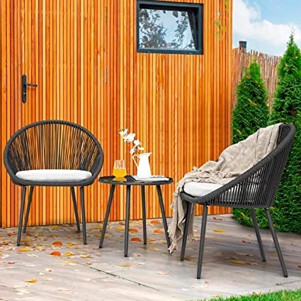DRX 3 Piece Modern Rope Outdoor Table and Chair Woven-Belt Rope Wicker ...