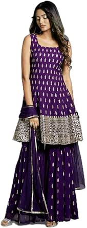 Amazon.com: Purple SHARARA Set and Matching Kurta TOP with Gold BUTIS, Embroidered and A ...