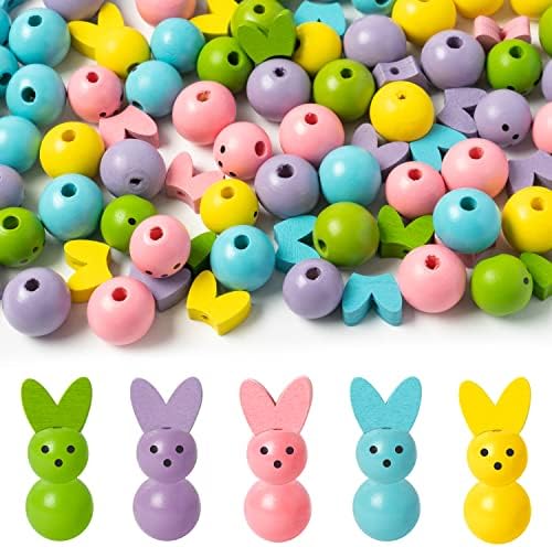 Amazon.com: Eartim Easter Bunny Wood Beads Craft - 121Pcs Colorful ...