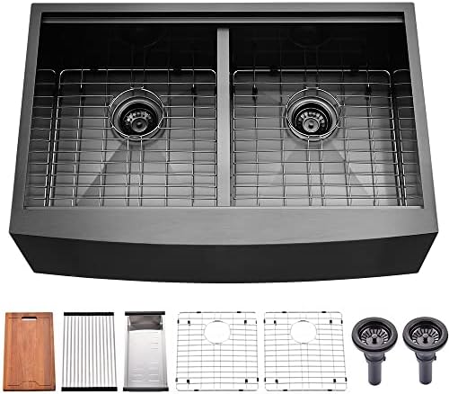 Bokaiya 33 Inch Black Double Bowl Farmhouse Sink Workstation, 16 Gauge ...