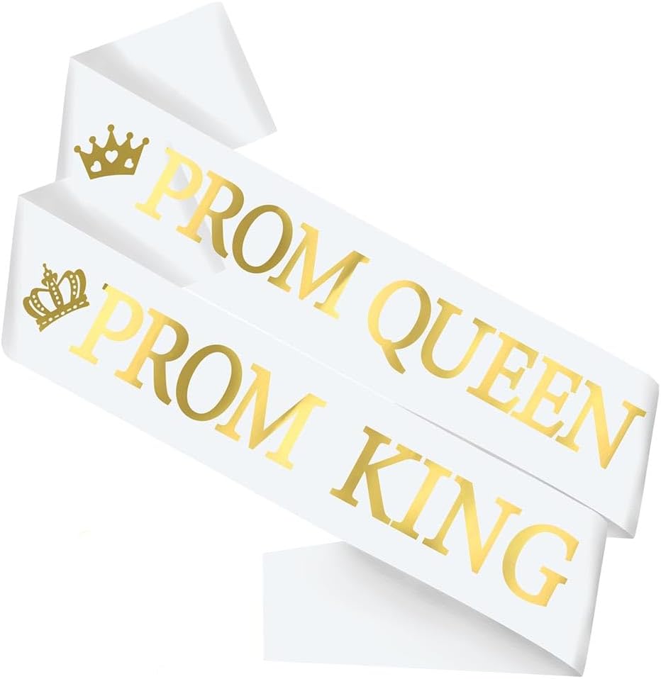 Amazon.com: Prom Night Set White with Gold Font Prom King and Queen ...