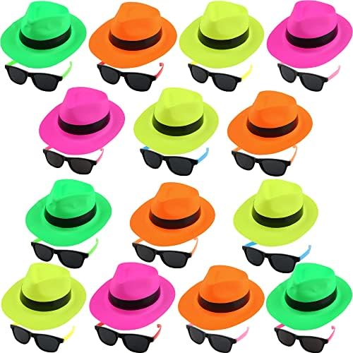Rcanedny 28 Pieces Bright Neon Color Gangster Hats Novelty Neon Plastic ...