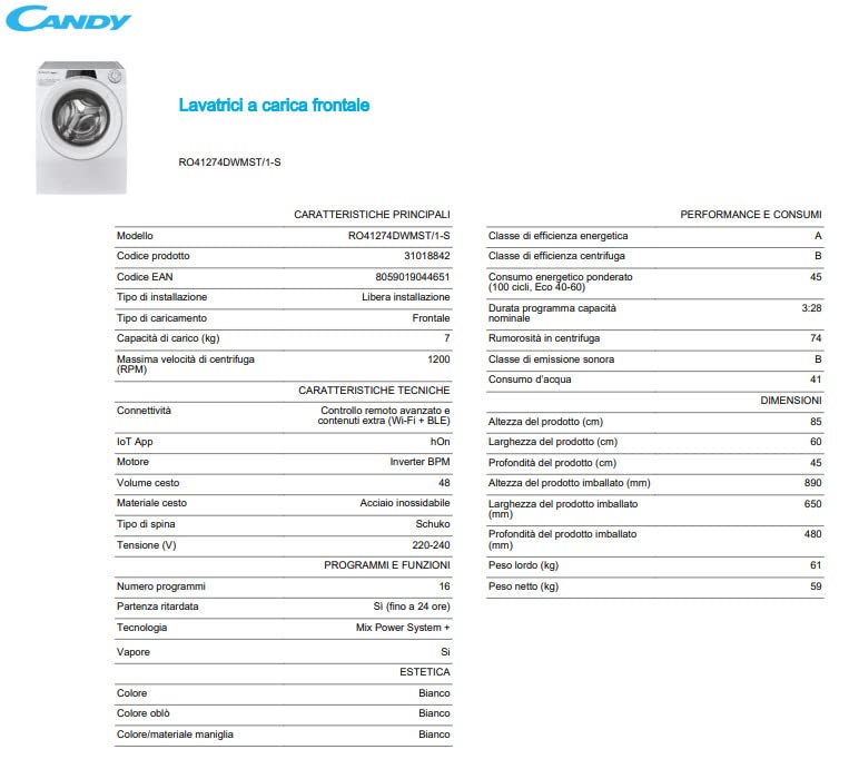 Candy RapidÓ RO41274DWMST/1-S Lavatrice, 7 Kg, 1200 Giri, Wi-Fi + BLE ...