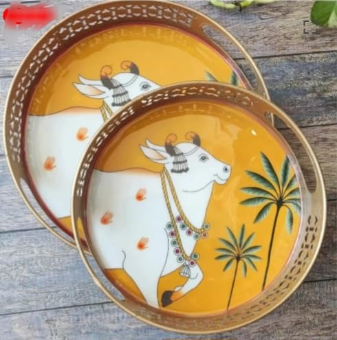 Boon of Artisans ™ Round Tray Set of 2 Cow Pichwai Tray (Size = 8" and ...