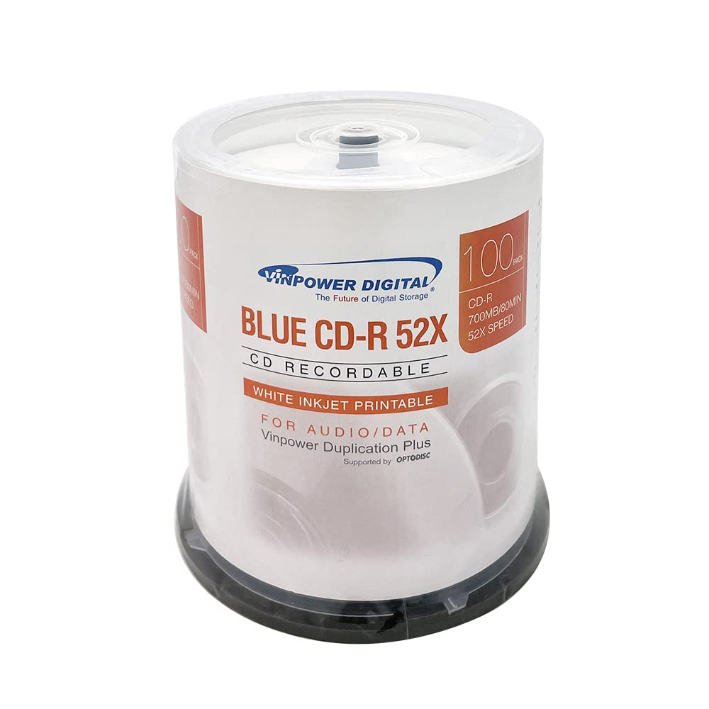 Amazon.com: Vinpower Digital Blue AZO CD-R 700MB 52X White Inkjet Hub ...