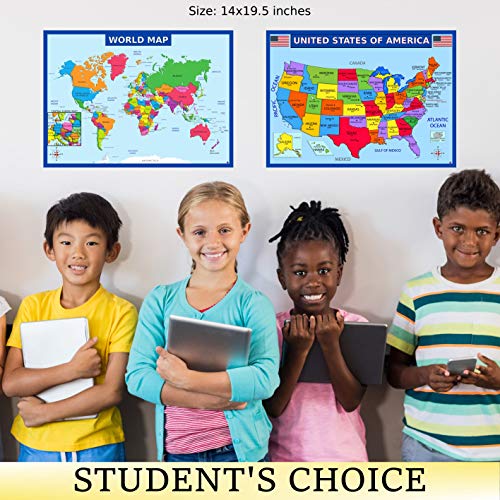 World Map Poster and United States USA Map Poster for Kids - Laminated ...