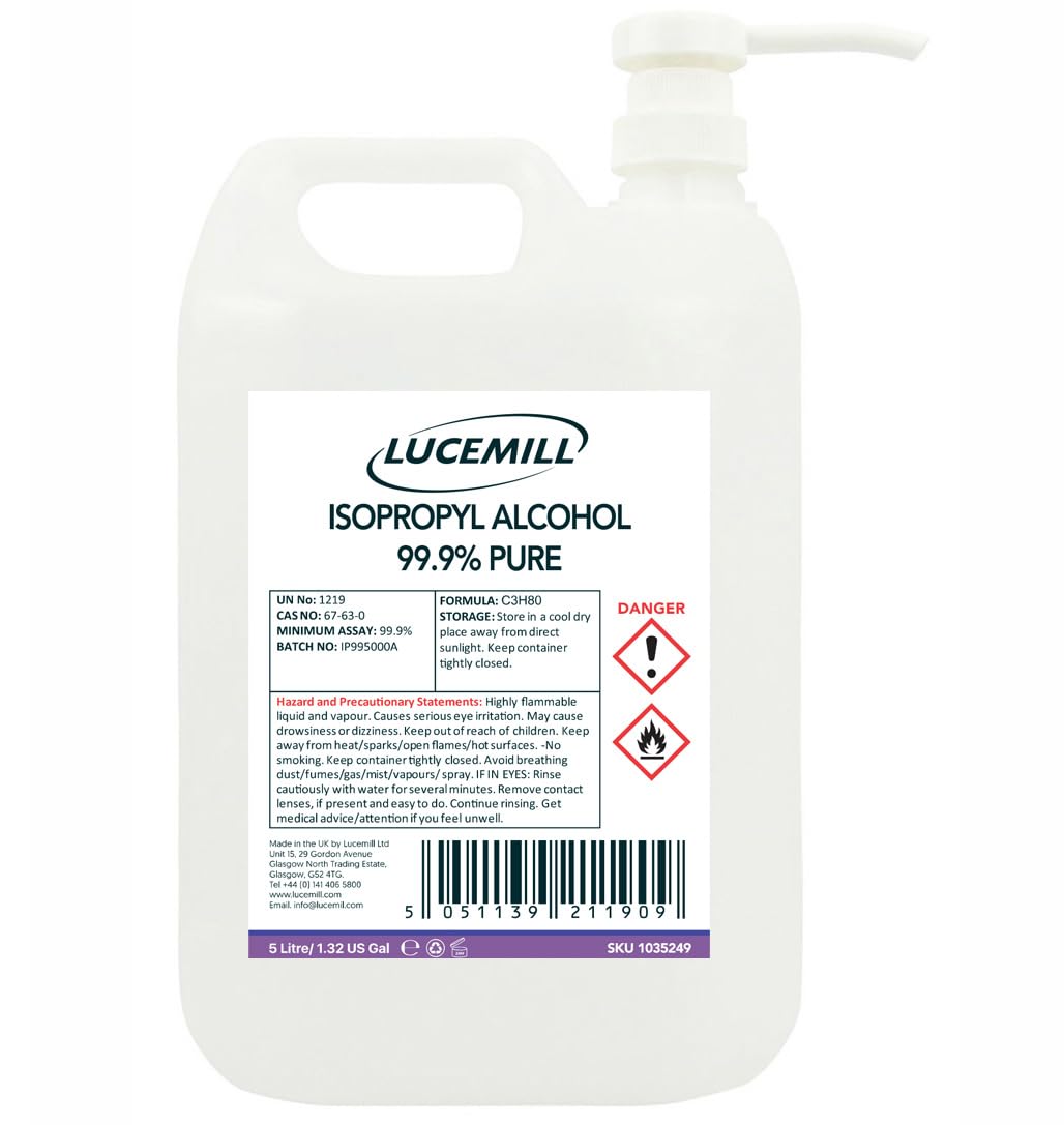 Lucemill 99.9% Isopropyl Alcohol | 5 litre | Super Strength IPA Surface ...