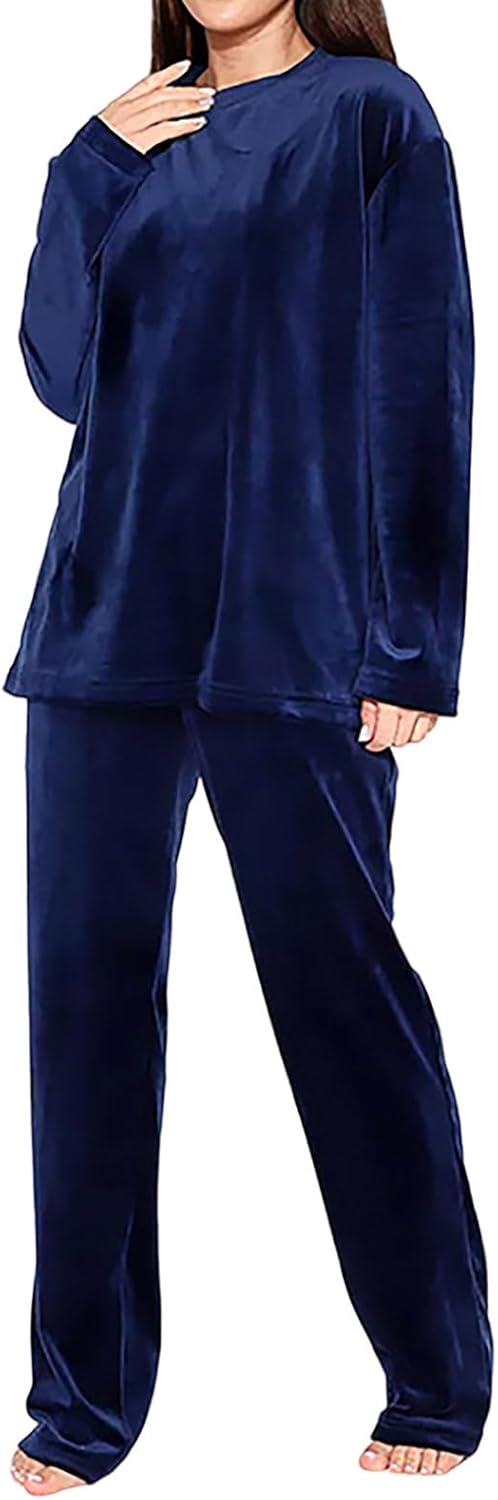 Amazon.com: Women Flannel Pajama Sets Loose Crewneck Long Sleeve ...