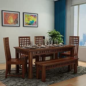 EBANSAL Wooden Dining Table 6 Seater | Six Seater Dinning Table with 4 Chairs & 1 Bench for Home ...