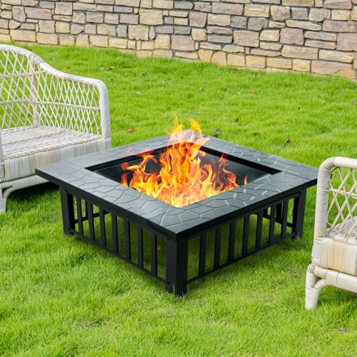 EcoNook 32 inch Fire Pit, Square Outdoor Fire Pit Table with Spark ...