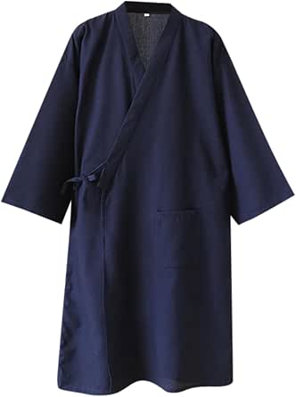 Mens Bathrobes Long Sleeve Wrap Style Cotton Unisex Male Spa Coat with ...
