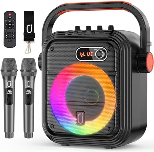 JYX Karaoke Machine with 2 Wireless Microphones, RGB Light PA System with Treble/Bass, Bluetooth ...