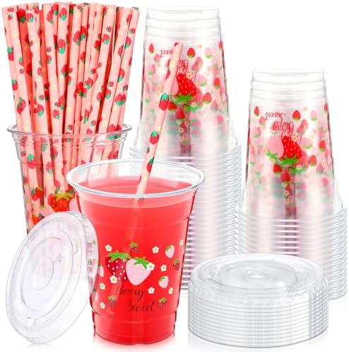 Amazon.com: Jingmore 50 Sets 12 oz Strawberry Plastic Cups with Lids ...