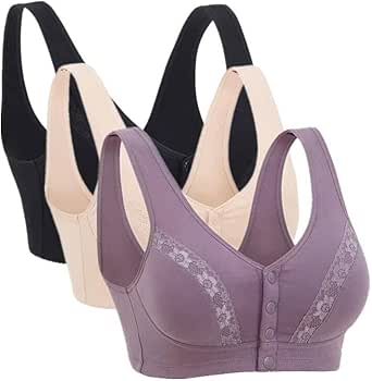 3Pack Women's Front Easy-Close Bras, Cotton Snap Lace Bras U-Back ...