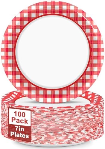 Amazon.com: Naozinebi 100pcs 7inch Red and White Plates Checkered Plaid ...