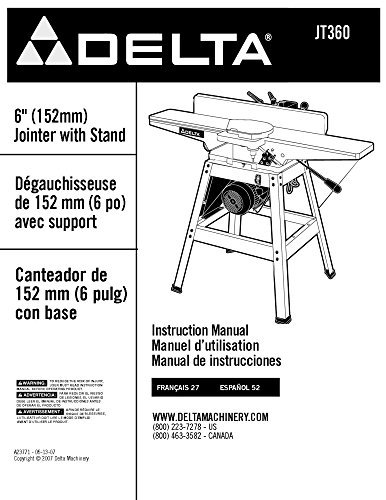 Instruction Manual for Delta JT360 6" Jointer with Stand Instruction ...