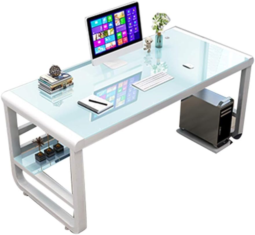 Amazon.com: TOE Tempered Glass Surface Desk with Threading Hole Storage ...