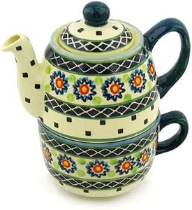 Amazon.com | Polmedia Polish Pottery Tea Set for One - Sunburt Circle ...