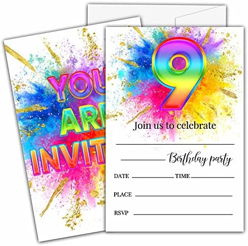 Amazon.com : Ycyfckdr 9th Birthday Invitations for Kids, Rainbow ...