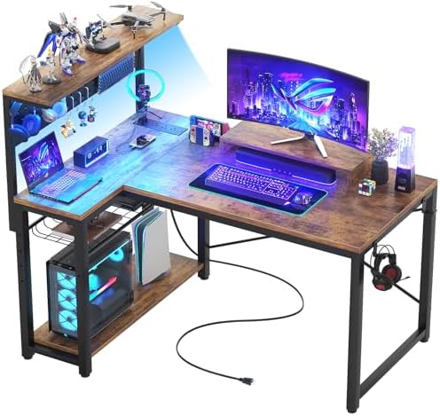 Amazon.com: Bestier Small L Shaped Desk with LED Lights, 42 Reversible ...