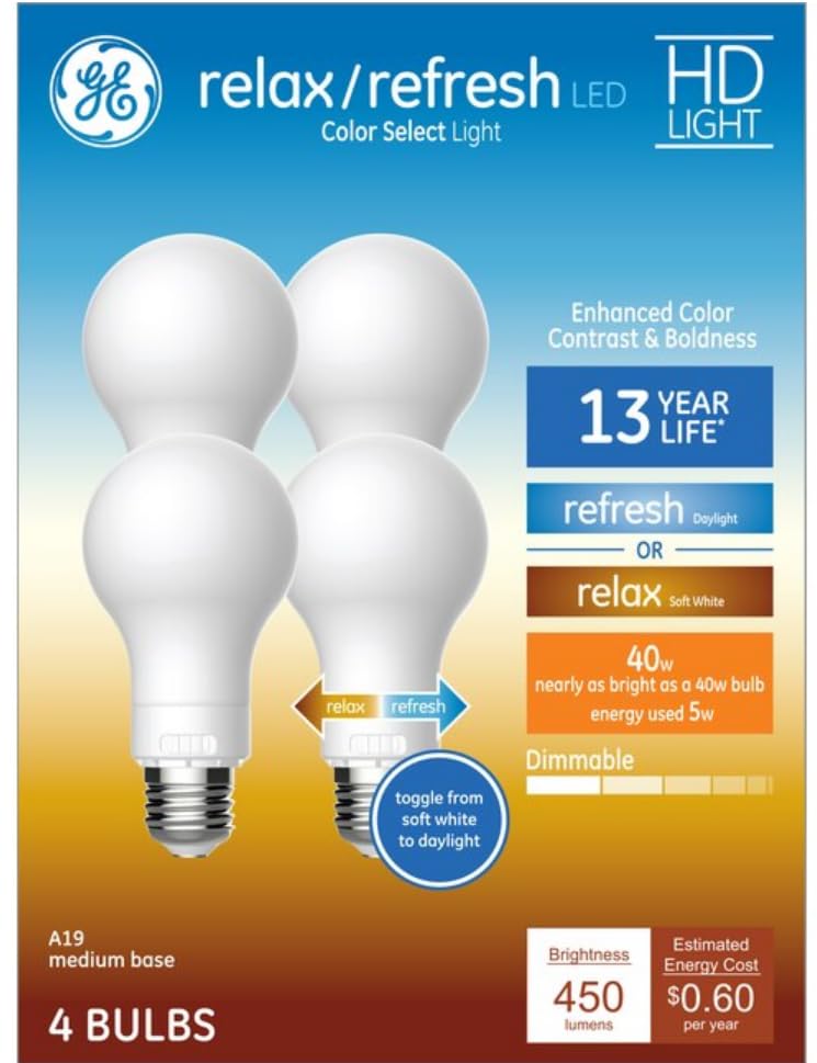 GE Lighting (4 Bulbs) GE Relax/Refresh LED A19 Color Select Light Bulb ...