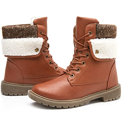 hash bubbie Women's Waterproof Winter Boots Black Combat Boots Mid Calf Snow Boots PU Leather ...