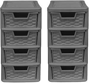 4 Drawer Small Rattan Tower Unit - Grey, Set of 2 Units - 38.5cm (H) x ...