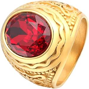 Men's Red Stone Ring Round Rhinestone Gold-Color Stainless Steel ...
