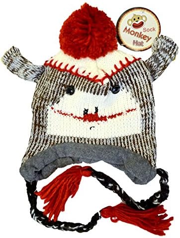 Sock Monkey Cap / Hat with Ear Flaps and Poms at Amazon Women’s ...