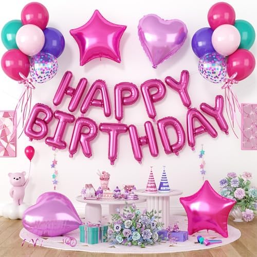 Amazon.com: 29PC Pink Purple Happy Birthday Balloon Banner, 16Inch 3D ...