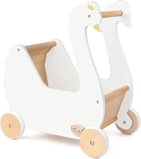 Amazon.com: Pillowhale Wooden Doll Stroller, Baby Pram Toy, Wooden Swan ...