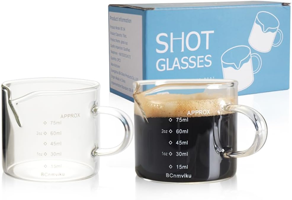 Amazon.com | BCnmviku 2 PACK Espresso Glass Measuring Cup Triple Pitcher Milk Cup 75ML Espresso ...