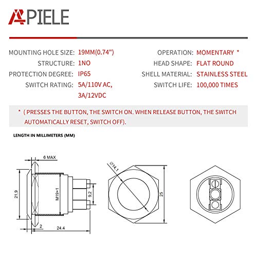 Snapklik.com : APIELE Push Button Switch 19mm Momentary Waterproof ...