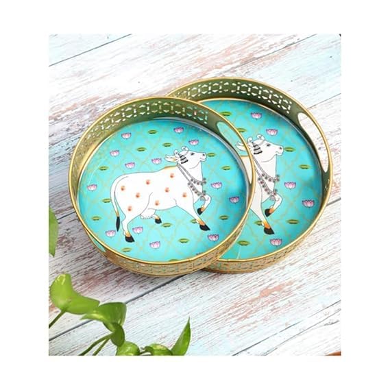 DUA Metal- Round Tray Set of 2 Cow Pichwai Tray (Size = 8" and 10 ...