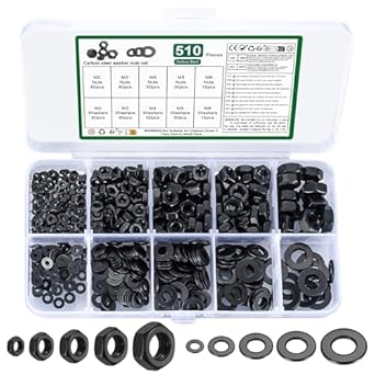 510 Pcs M2 M3 M4 M5 M6 Black Hex Nuts Set and Flat Washers for Screws: 255 Self Locking Nuts ...