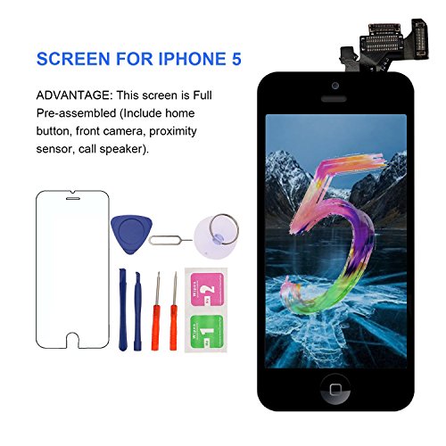 For iPhone 5 Screen Replacement With Home Button, Black- MAFIX Full Pre ...