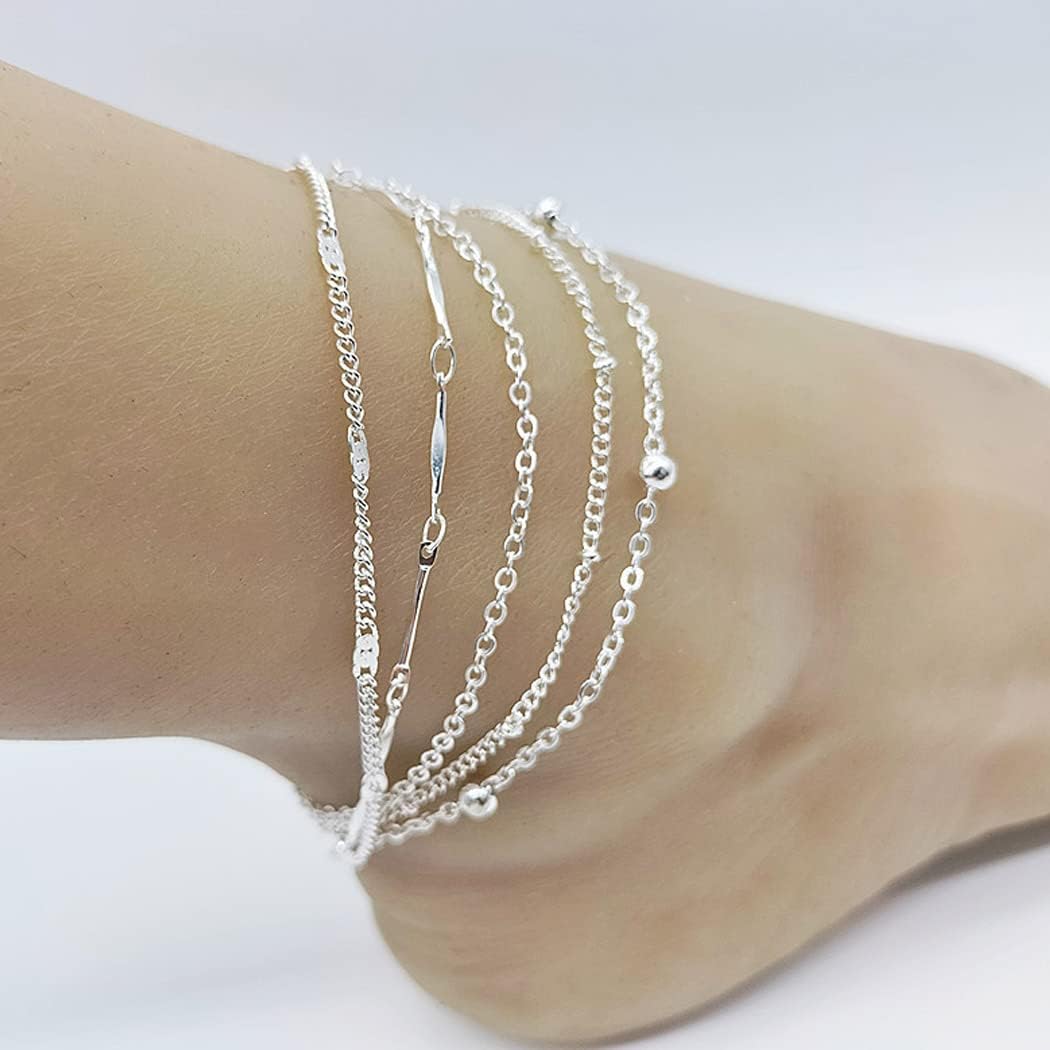 Aukmla Boho Layered Anklet Silver Ankle Bracelet Pearl Anklets Summer ...